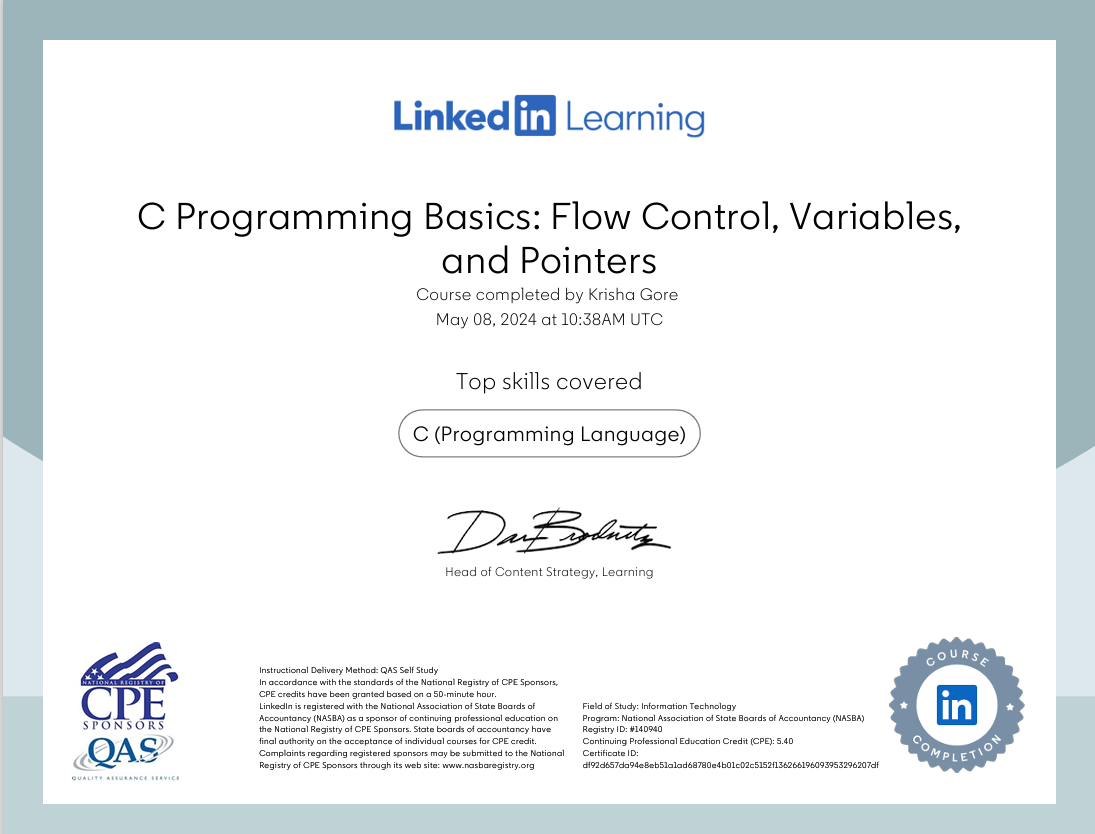 Krisha Gore | FYBCA | Resume